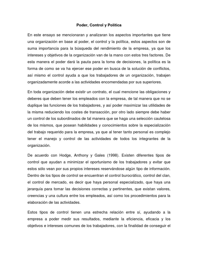 Poder y Control en Organizaciones | PDF | Toma de decisiones | Cognición