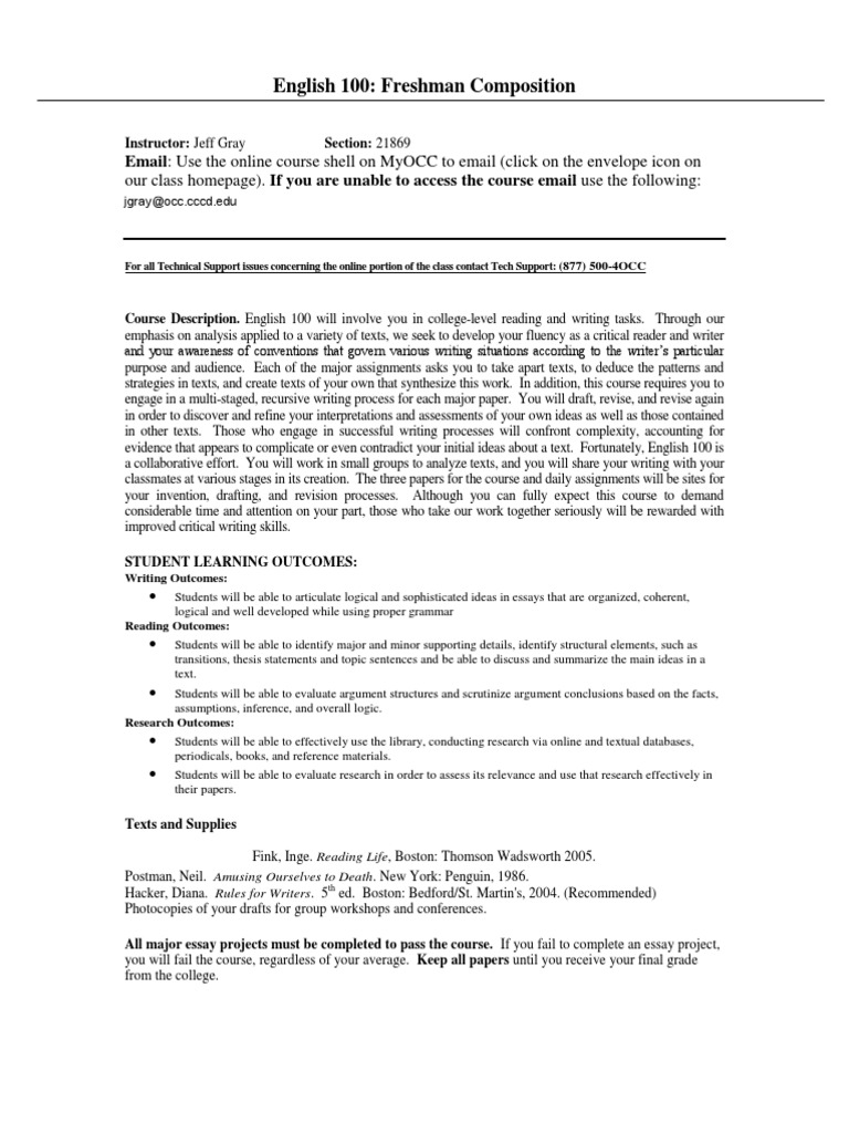 OCC Freshman Composition 100 Syllabus | PDF | Academic Dishonesty ...
