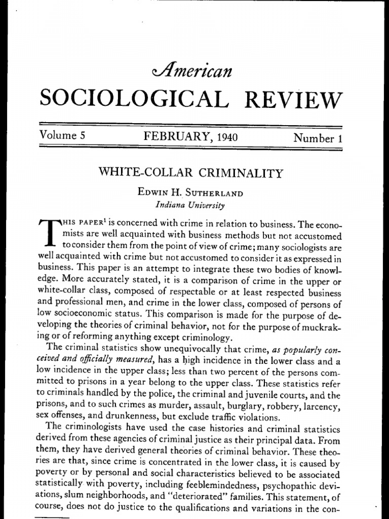 Edwin Sutherland - White-Collar Criminality | PDF | Criminology | Psychopathy