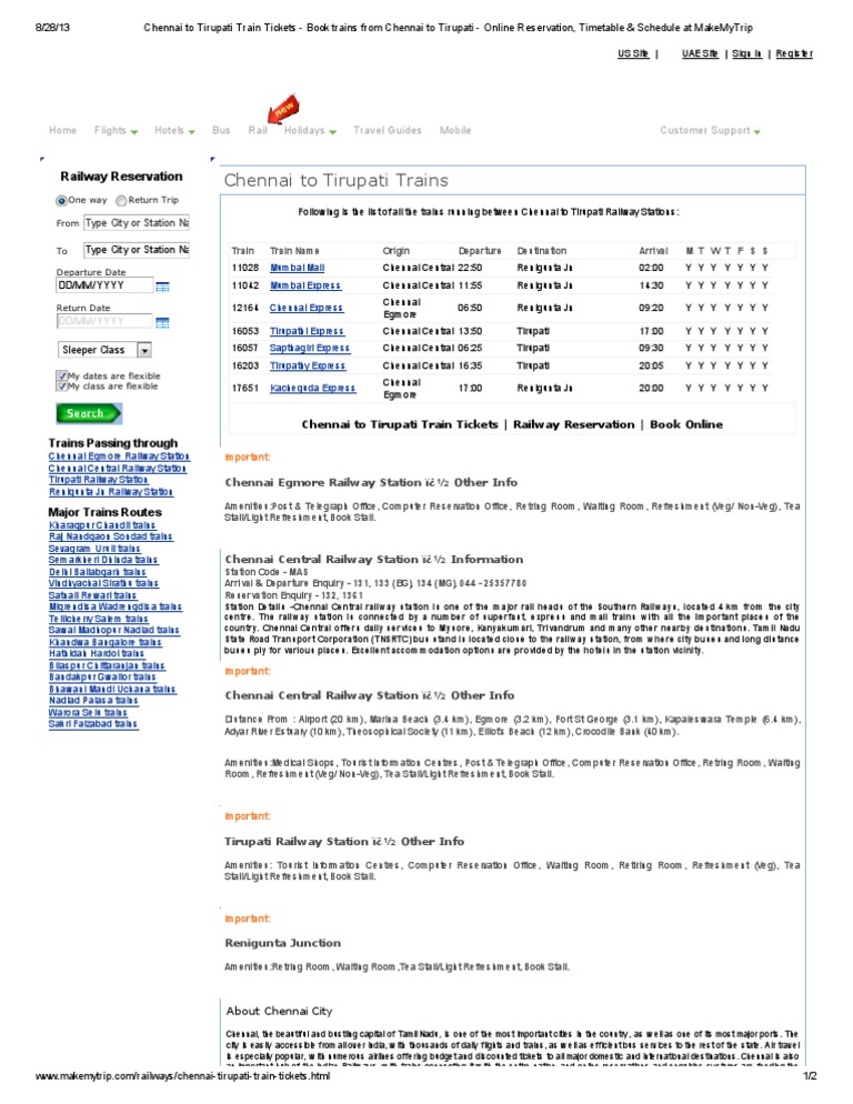 Chennai to Tirupati Train Timings & Tickets | PDF | Train | Service ...
