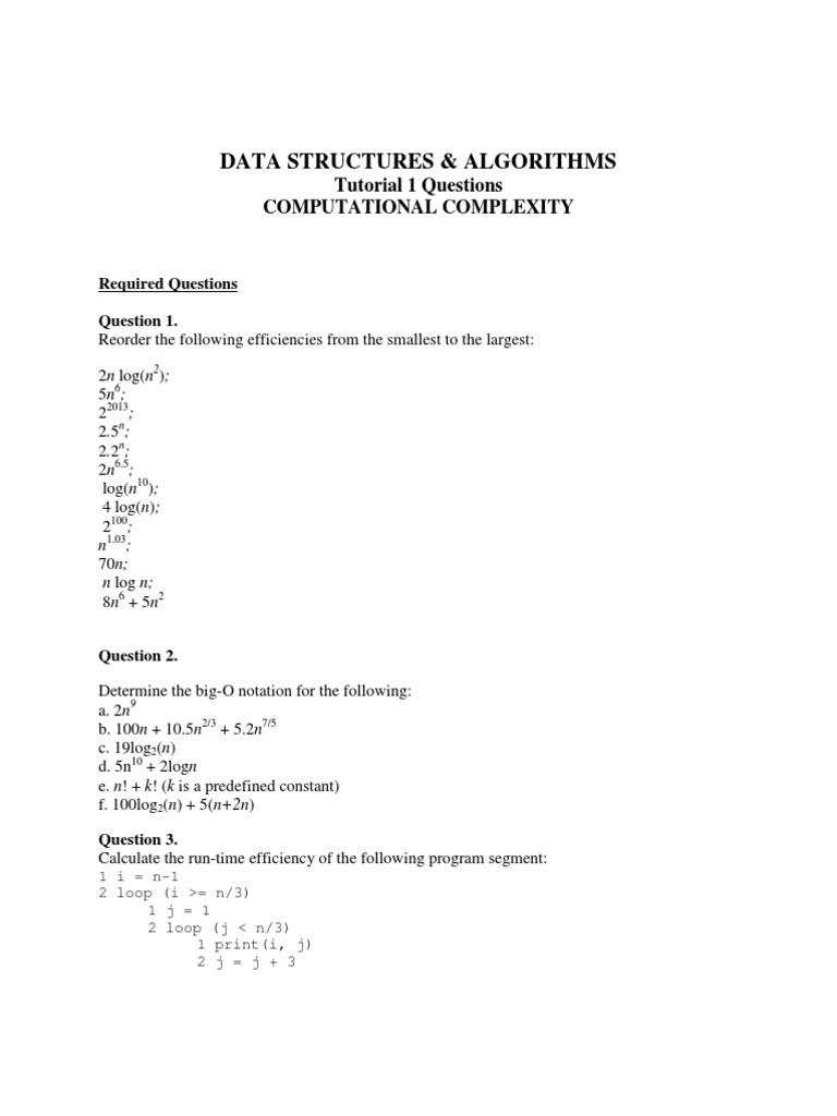 Data Structures And Algorithms Tutorial 1 Questions Computational