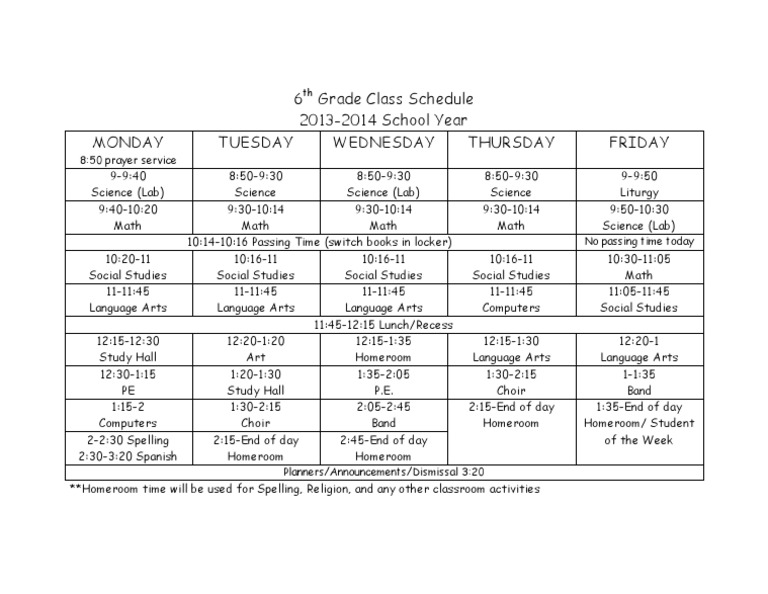 6th Grade Weekly Schedule | PDF | Language Arts & Discipline