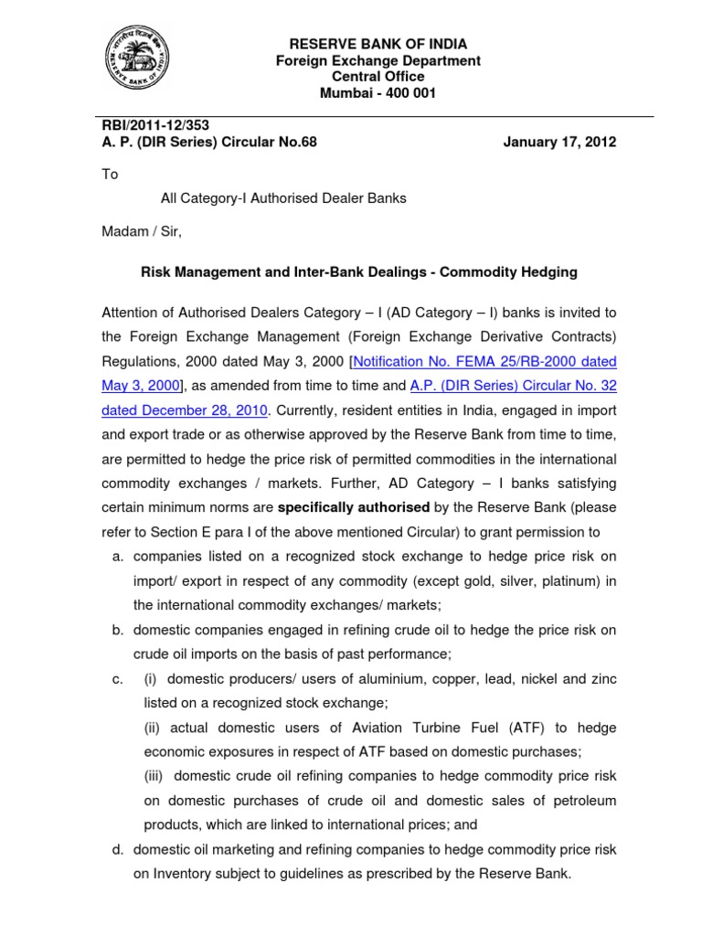 Reserve Bank of India Foreign Exchange Department Central Office Mumbai ...