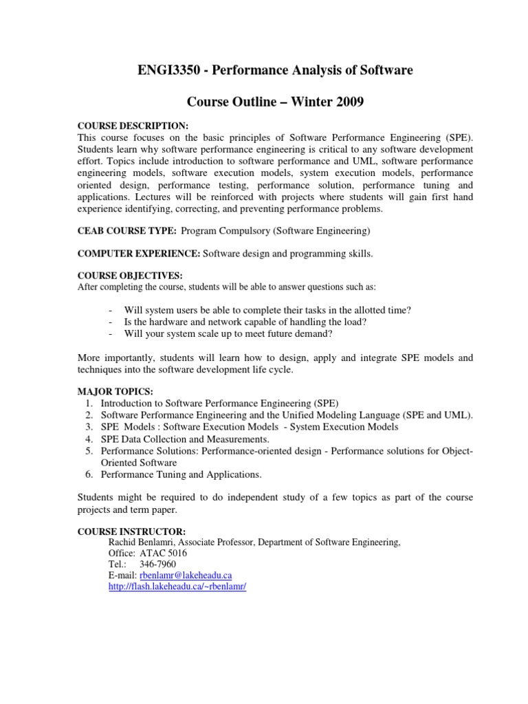 ENGI3350 - Performance Analysis of Software Course Outline - Winter ...