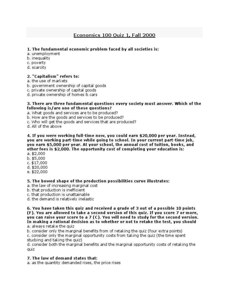 Economics 100 Quiz 1 | PDF | Demand | Monopoly