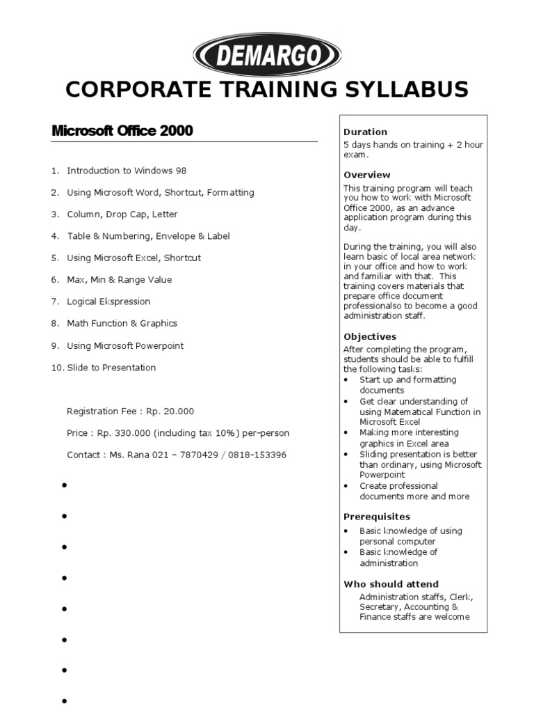 Microsoft Office 2000 Training Syllabus | PDF