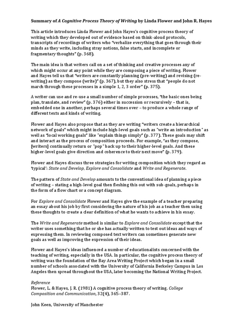 Summary of ''A Cognitive Process Theory of Writing'' by Linda Flower ...
