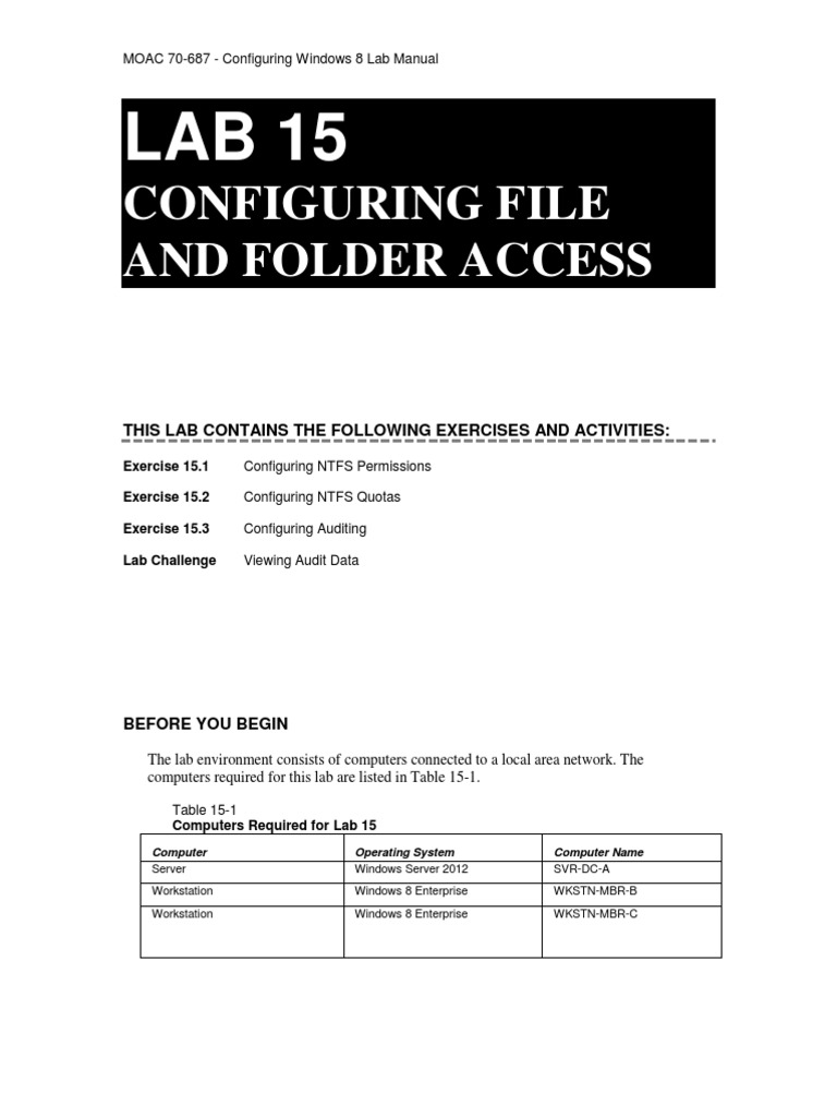 Configuring File and Folder Access: This Lab Contains The Following Exercises and Activities ...