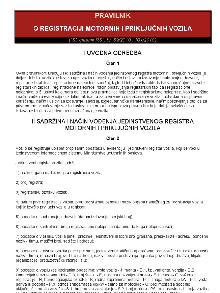 PRAVILNIK o Registraciji Motortnih Vozila | PDF