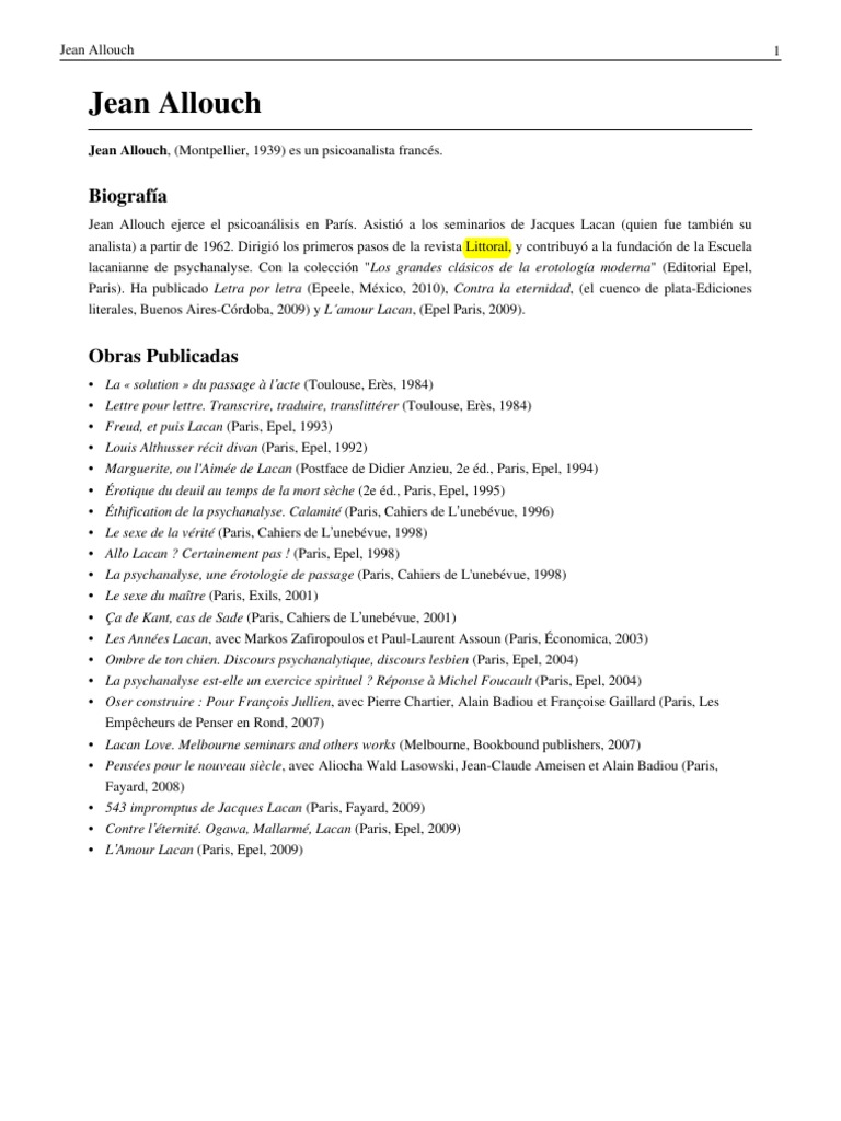 Jean Allouch Bio | PDF | Art | Fiction générale