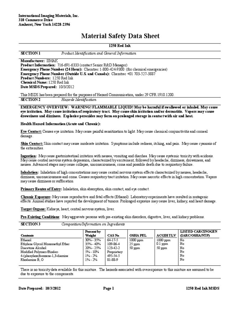 1250 Red MSDS | PDF | Firefighting | Hazardous Waste
