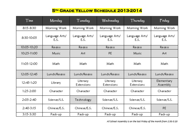5th Grade Yellow Schedule 2013-2014 | PDF