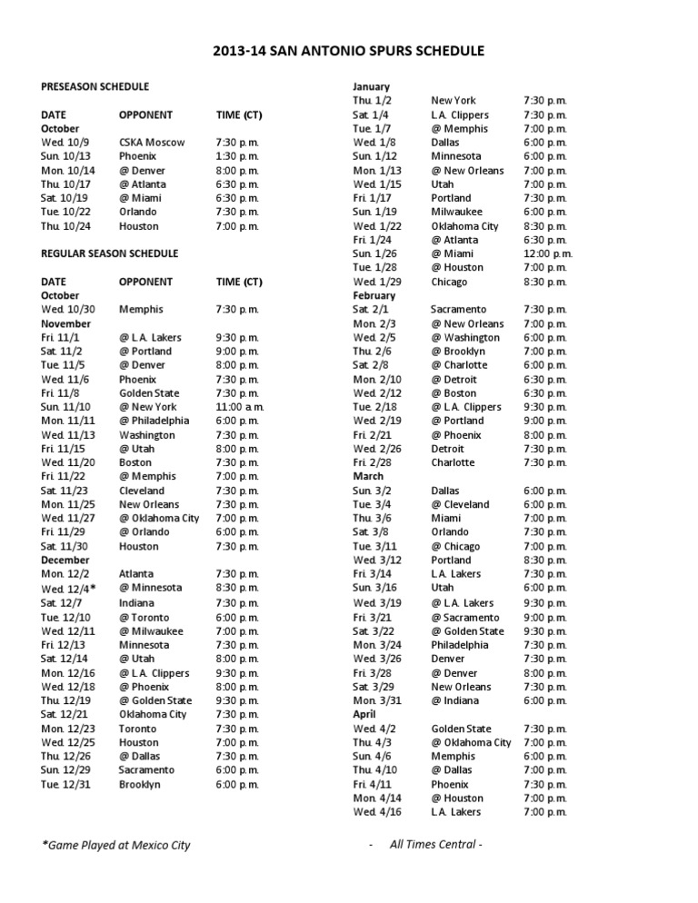 2013-14 San Antonio Spurs Schedule: Preseason Schedule January Date ... 2013-14 San Antonio Spurs Schedule: Preseason Schedule January Date ...
