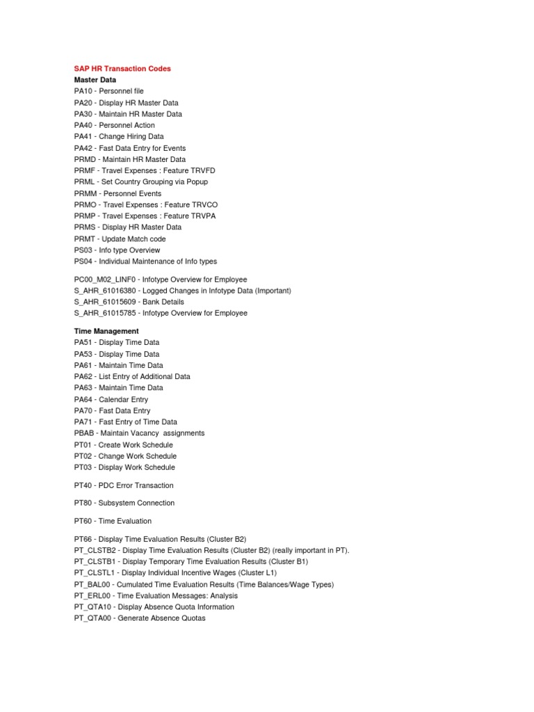 SAP HR Transaction Codes | PDF | Payroll | Employment