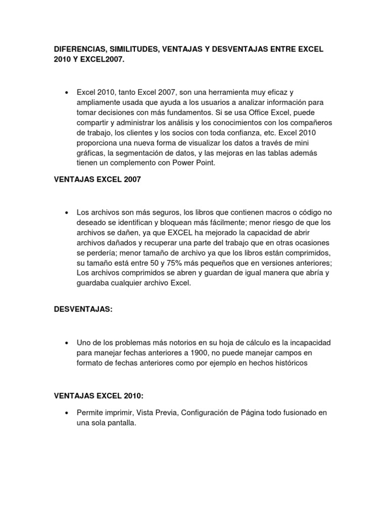 Diferencias, Ventajas y Desventajas Excel 2007 Con 2010 | PDF ...