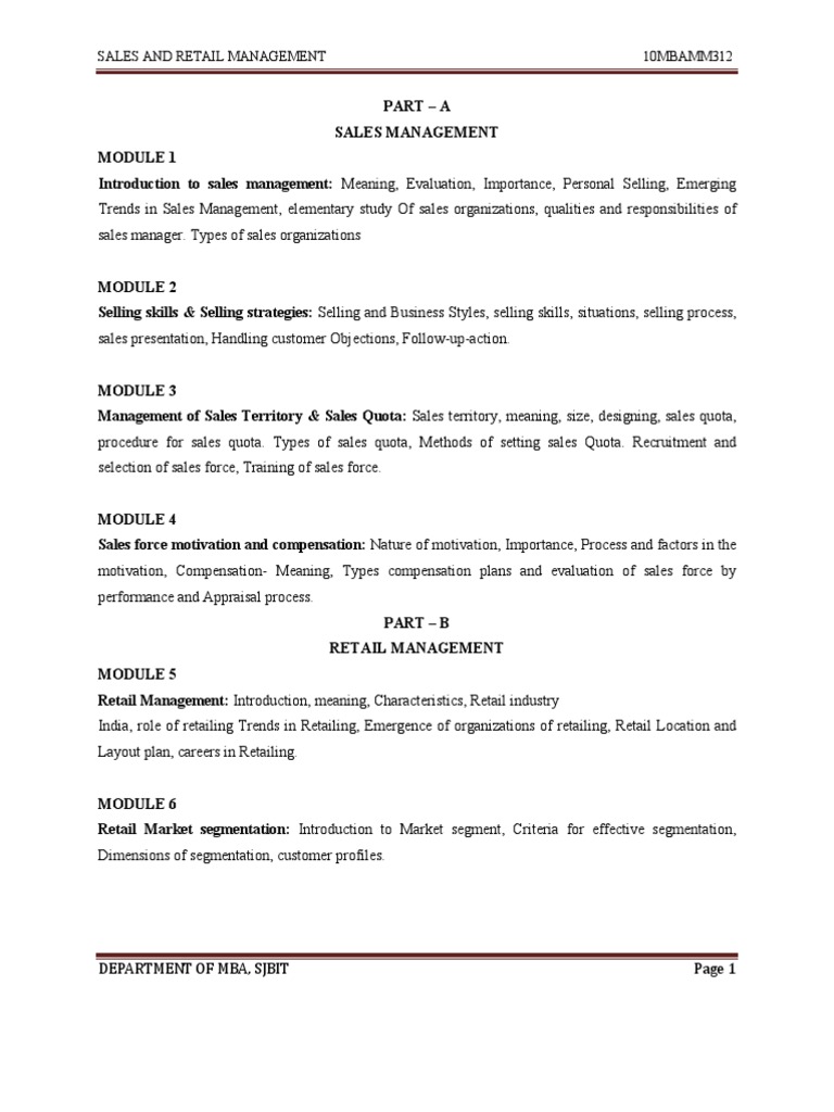 Mba-III-sales & Retail Management (10mbamm312) - Notes | PDF | Sales ...