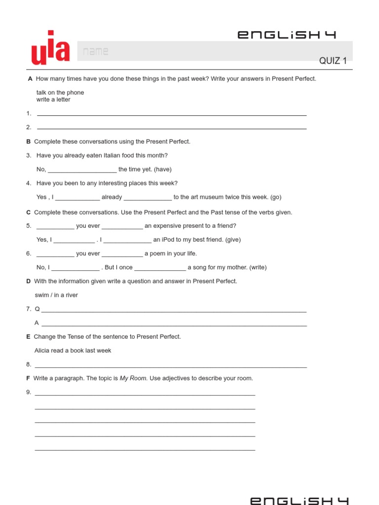 English 4: Quiz 1 | PDF | Perfect (Grammar) | Linguistic Typology