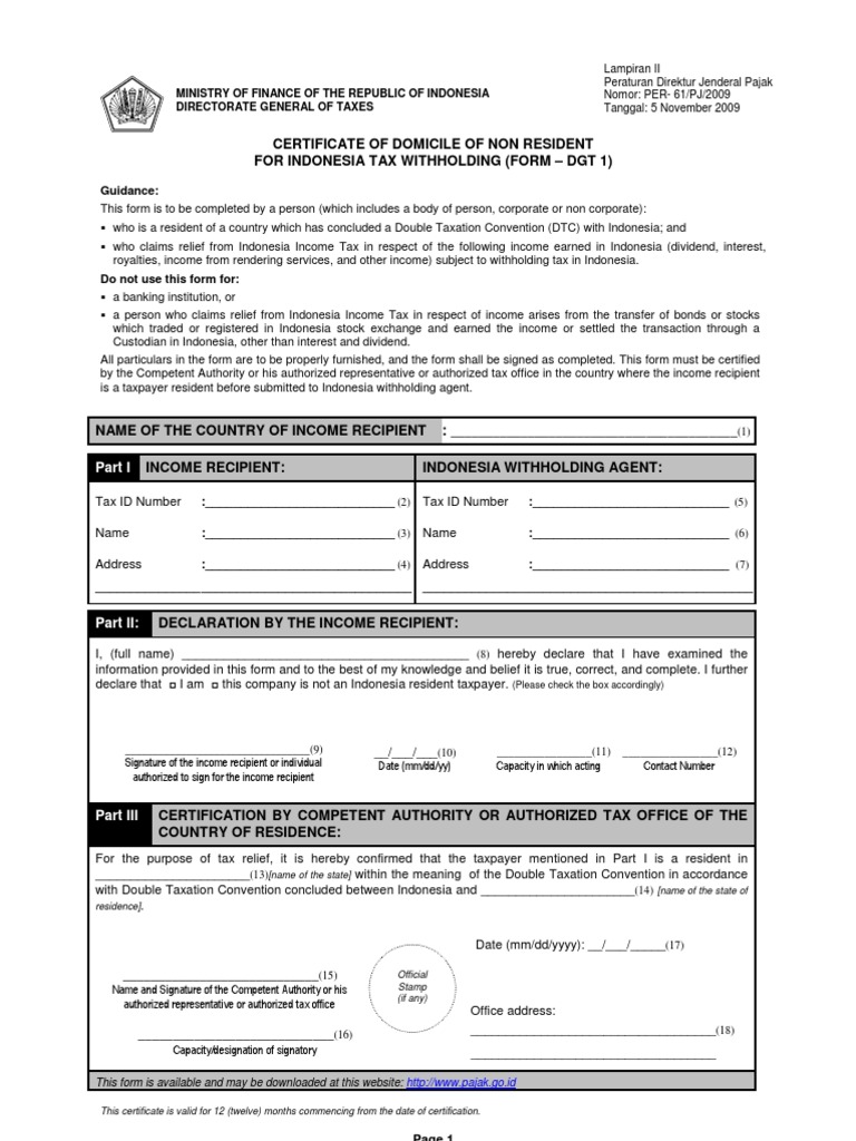 Indonesia Form-DGT 1 | Withholding Tax | Taxpayer