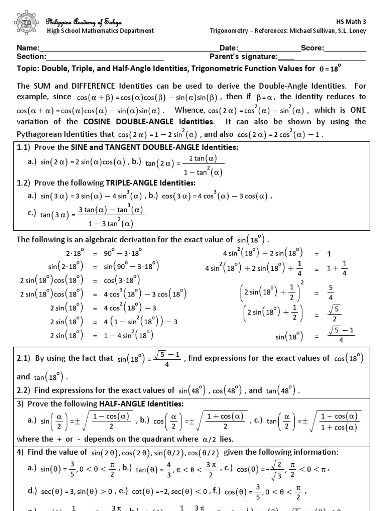Double-Angle and Half-Angle Identities | PDF