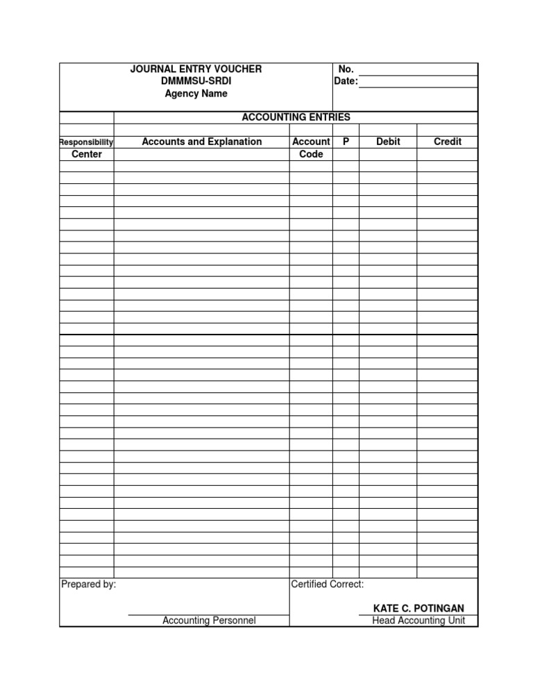 No. Date: Journal Entry Voucher Dmmmsu-Srdi Agency Name: Responsibility ...