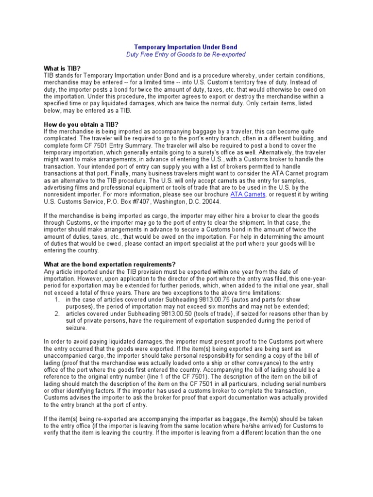 Temporary Importation Under Bond | PDF | Surety Bond | Customs