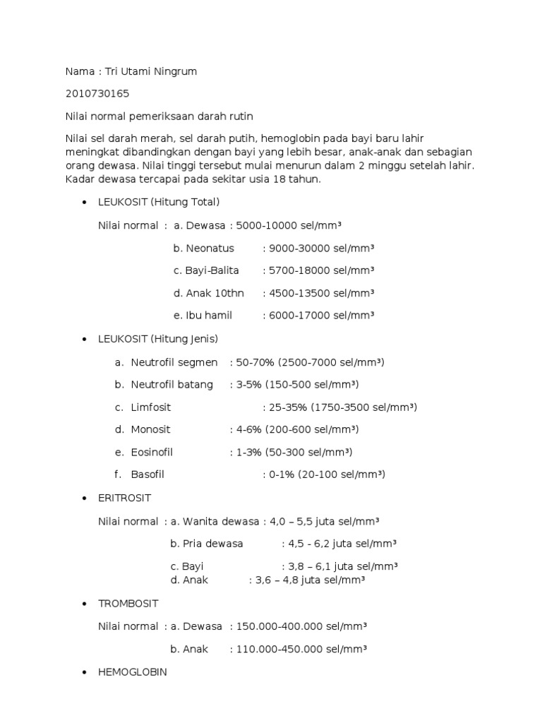Nilai Normal Pemeriksaan Darah Rutin | PDF