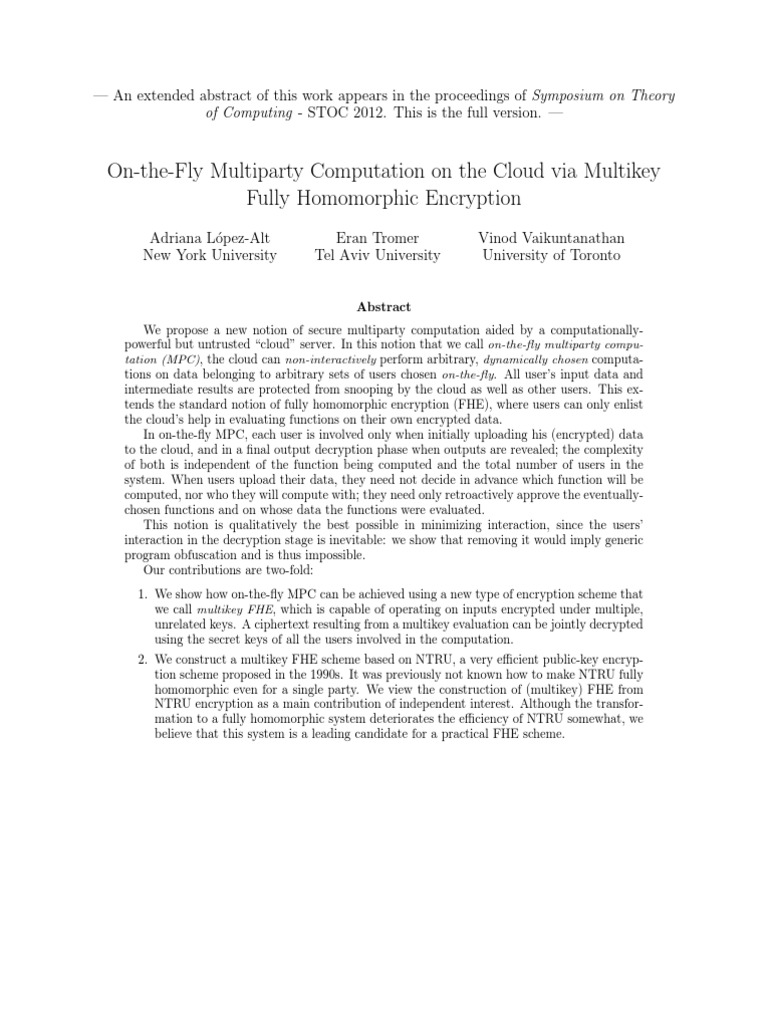 On-the-Fly Multiparty Computation On The Cloud Via Multikey Fully ...