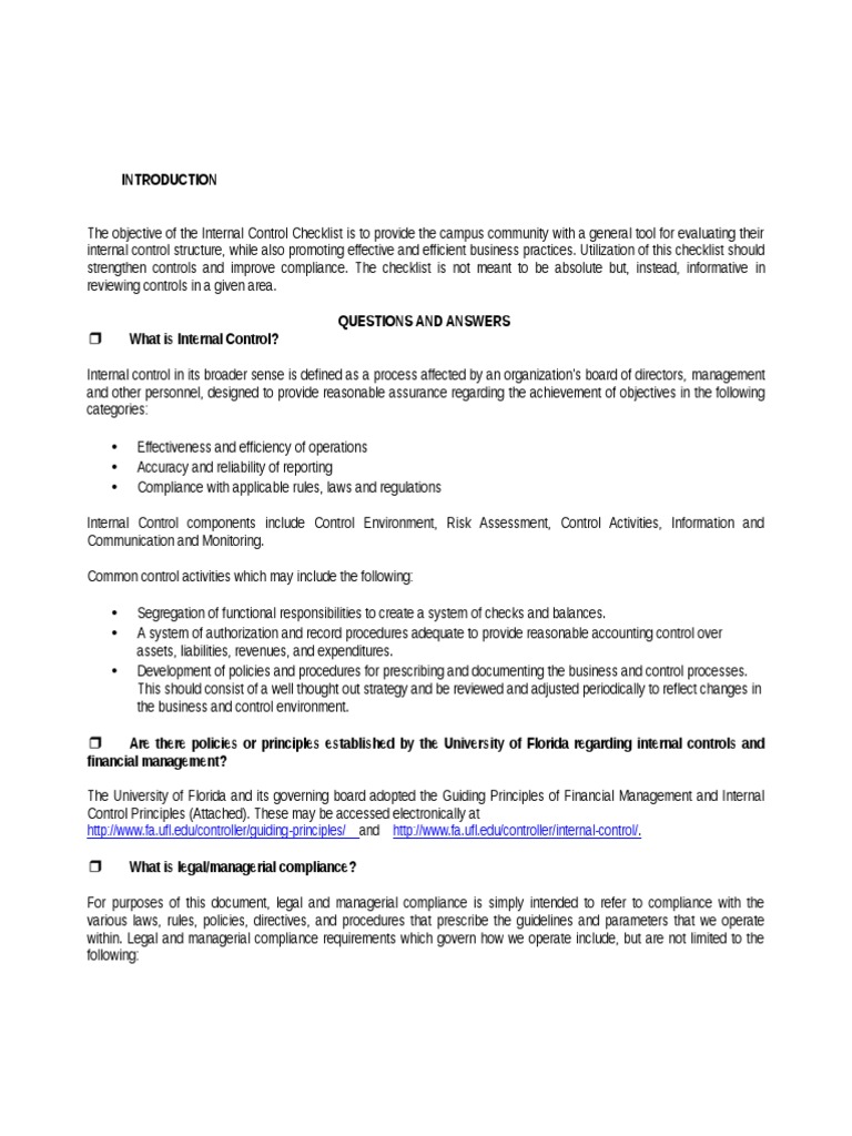 Internal Controls Checklist | PDF | Internal Audit | Audit