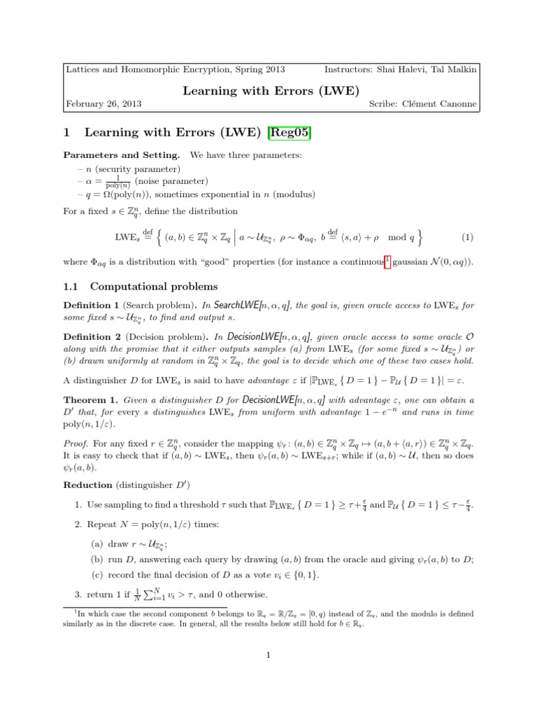 Learning With Errors (LWE) : 1.1 Computational Problems | PDF | Cryptography | Espionage Techniques