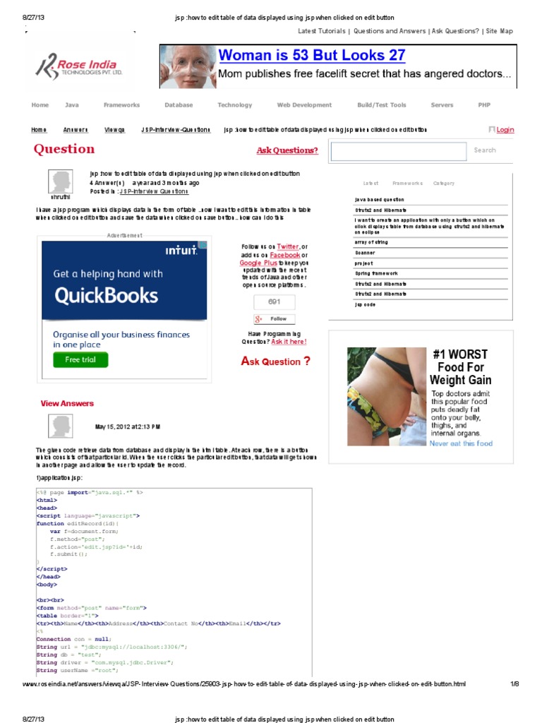 JSP - How To Edit Table of Data Displayed Using JSP When Clicked On ...