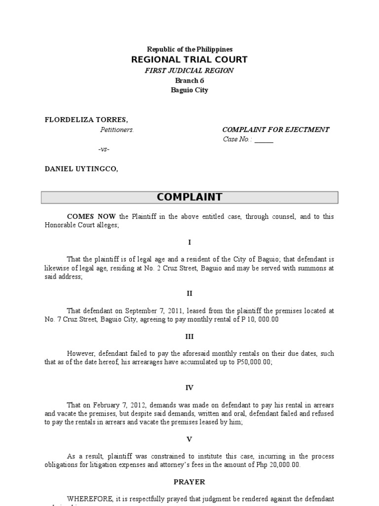 Complaint For Ejectment | PDF | Lawsuit | Judiciaries