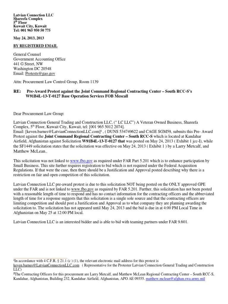 Pre-Award Protest Against The Joint Command Regional Contracting Center ...
