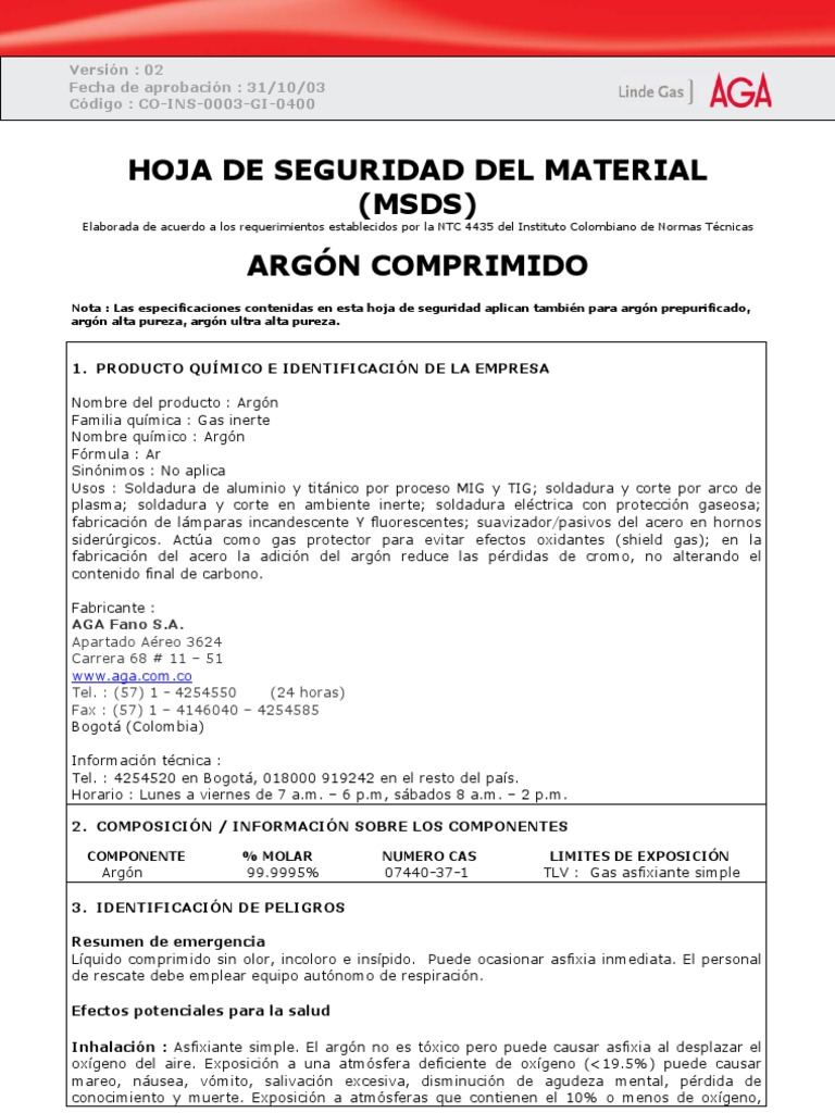 Hoja de Seguridad Argón Comprimido MSDS | PDF | Argón | Oxígeno