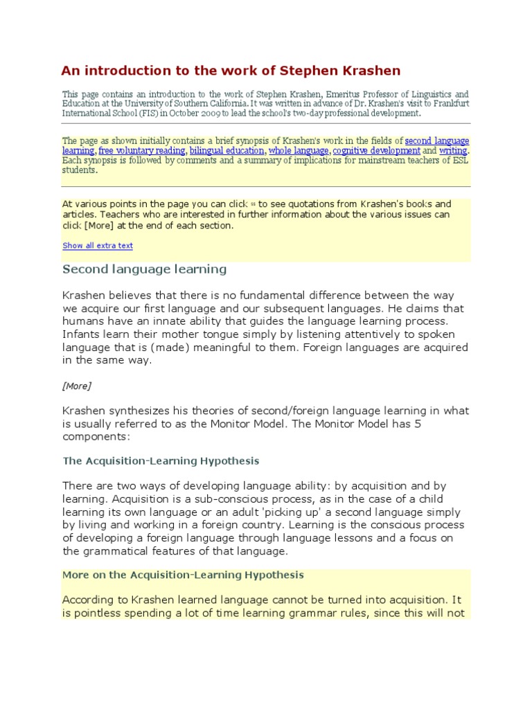 An Introduction To The Work of Stephen Krashen | PDF | Second Language ...