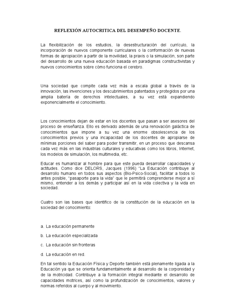 Reflexión Autocritica Del Desempeño Docente | PDF | Educación Física ...