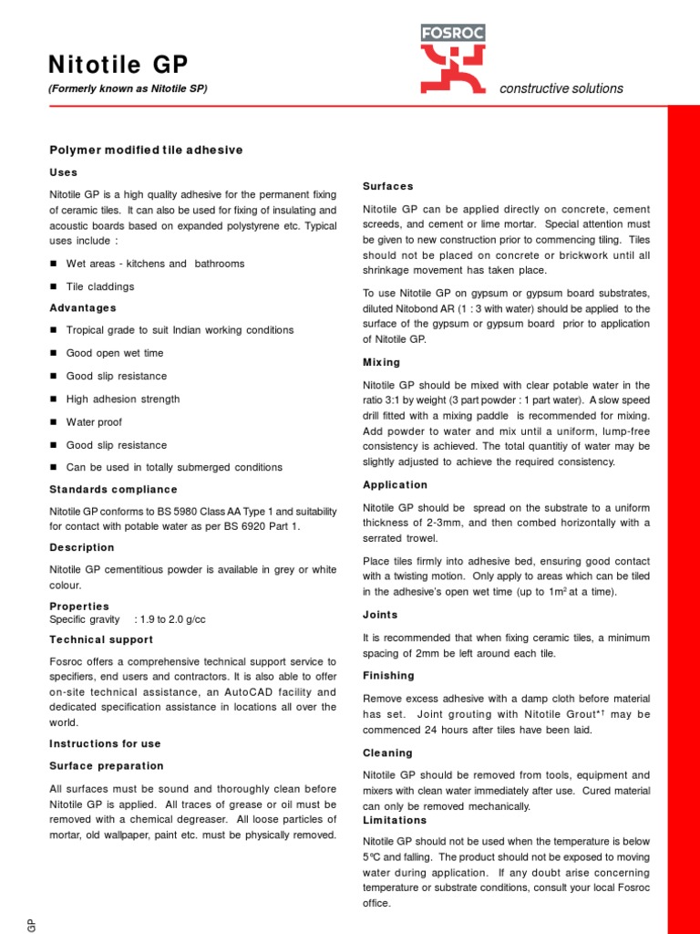 Nitotile GP | PDF | Tile | Adhesive