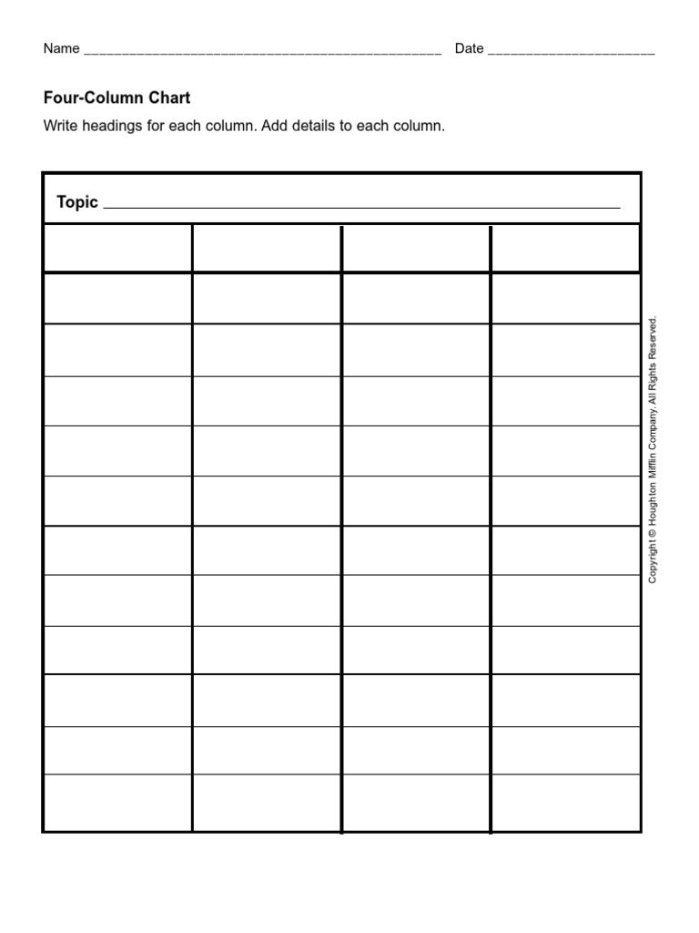 Four-Column Chart: Write Headings For Each Column. Add Details To Each ...
