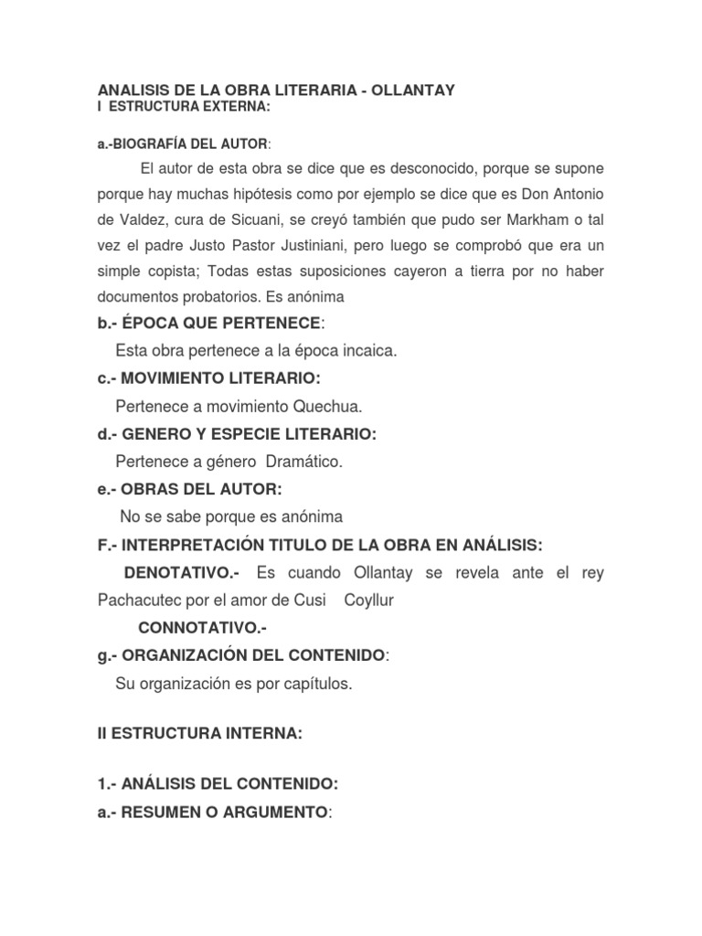 Análisis de la obra literaria Ollantay: Resumen de la trama y ...