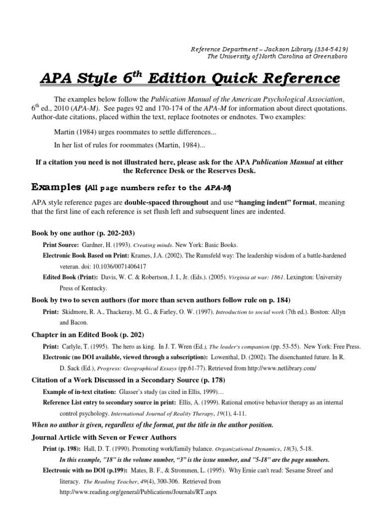 APA Style Quick Reference-6th Ed | PDF | Apa Style | Scholarly ...