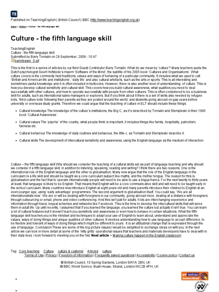 Culture - The Fifth Language Skill | PDF | Curriculum | English Language