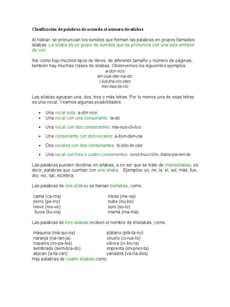 Clasificación de Palabras de Acuerdo Al Número de Sílabas | PDF | Vocal ...