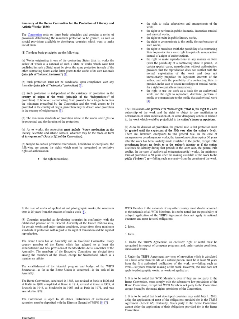 Summary of The Berne Convention For The Protection of Literary and ...
