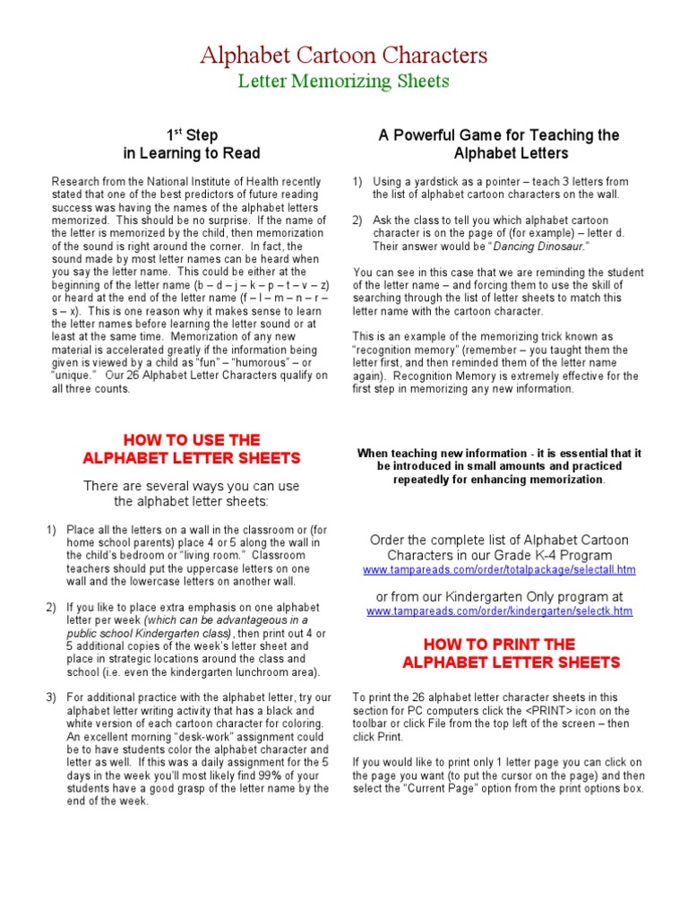 Alphabet Cartoon Characters: Letter Memorizing Sheets | PDF | Letter ...