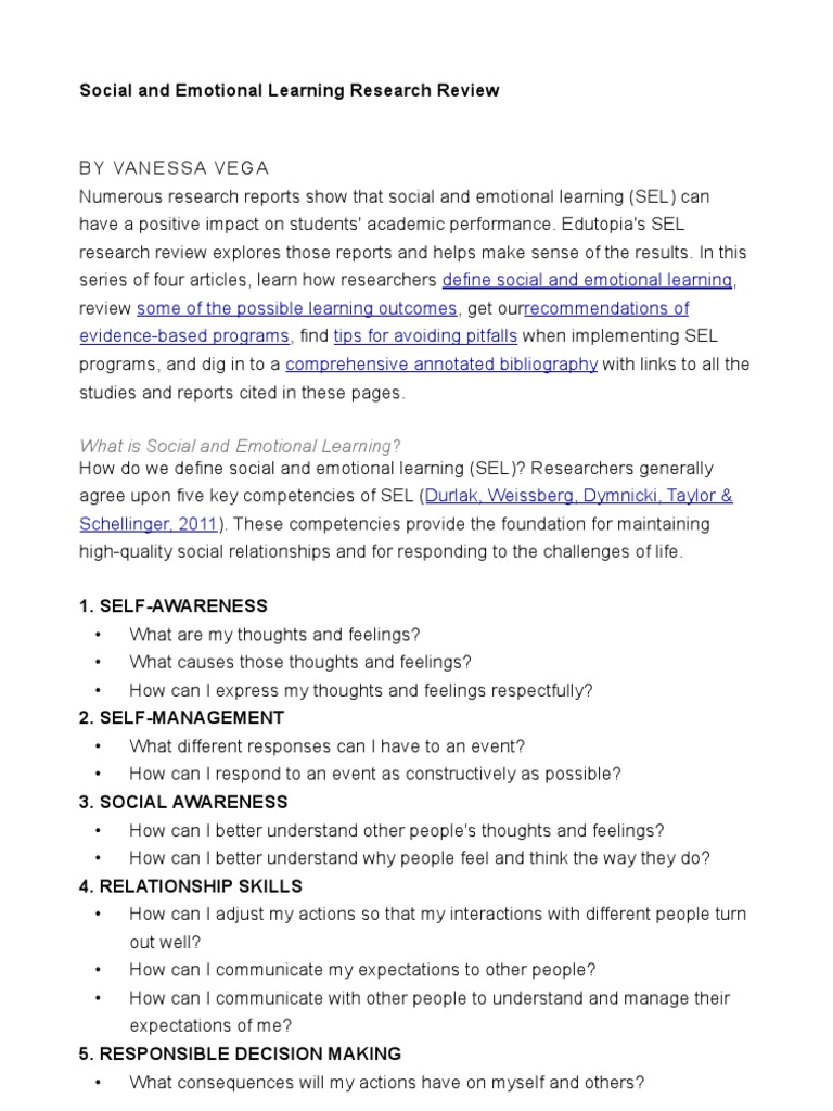 Social and Emotional Learning Research Review | PDF | Teachers | Learning