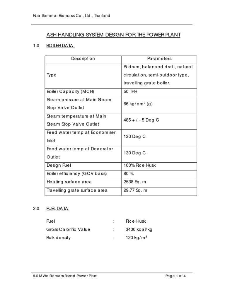 Ash Handling System Design For The Power Plant: 1.0 Boiler Data ...