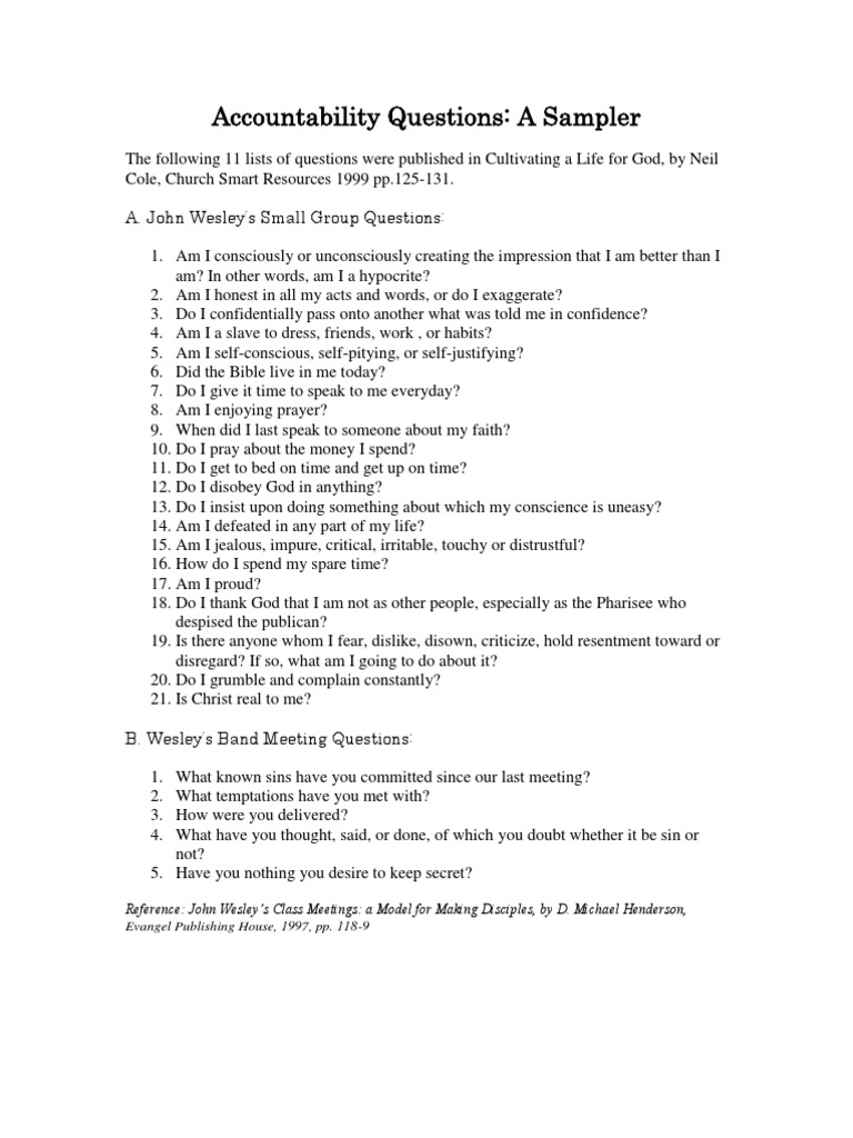 Accountability Questions A Sampler | PDF | Prayer | John Wesley