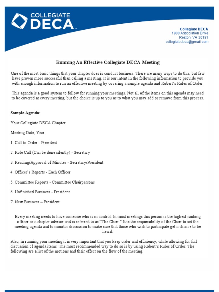 Running An Effective Collegiate DECA Meeting: Sample Agenda | PDF ...