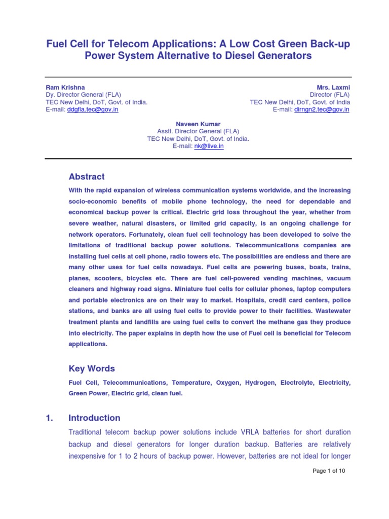 Fuel Cell For Telecom Applications: A Low Cost Green Back-Up Power ...