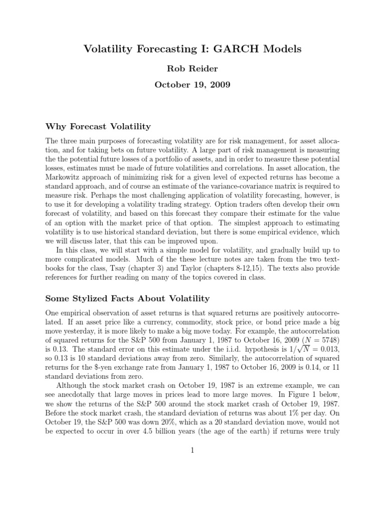 Volatility Forecasting I - GARCH Models - Reider | PDF