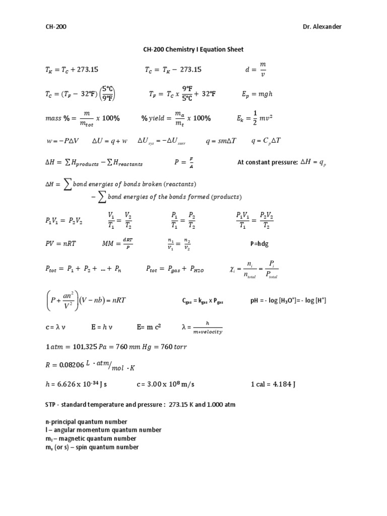 CH-200 Equation Sheet | PDF